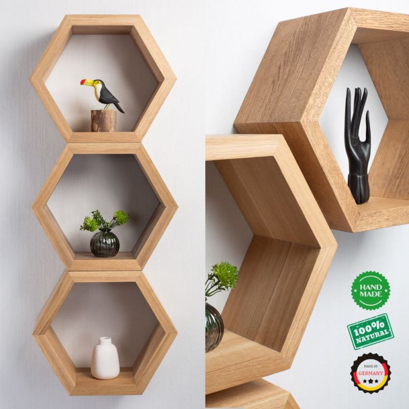 Wabenregal "LEIM'S" (hell) | Eichenholz | Wandregal aus Vollholz